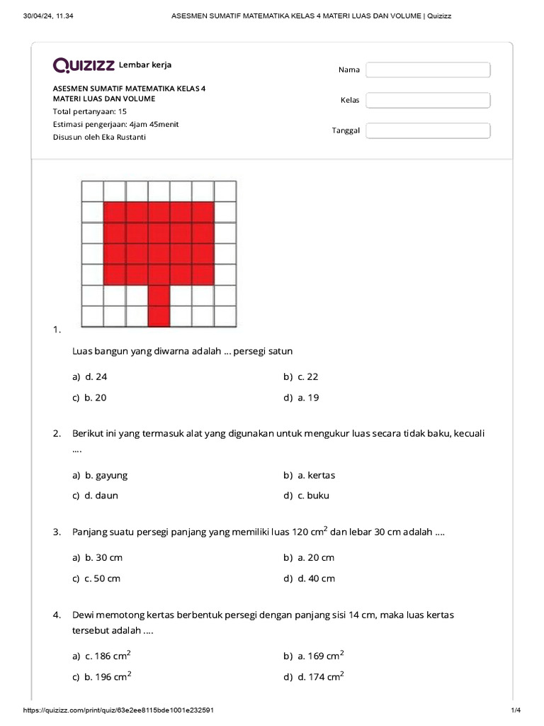 ASESMEN SUMATIF MATEMATIKA KELAS 4 MATERI LUAS DAN VOLUME - Quizizz | PDF