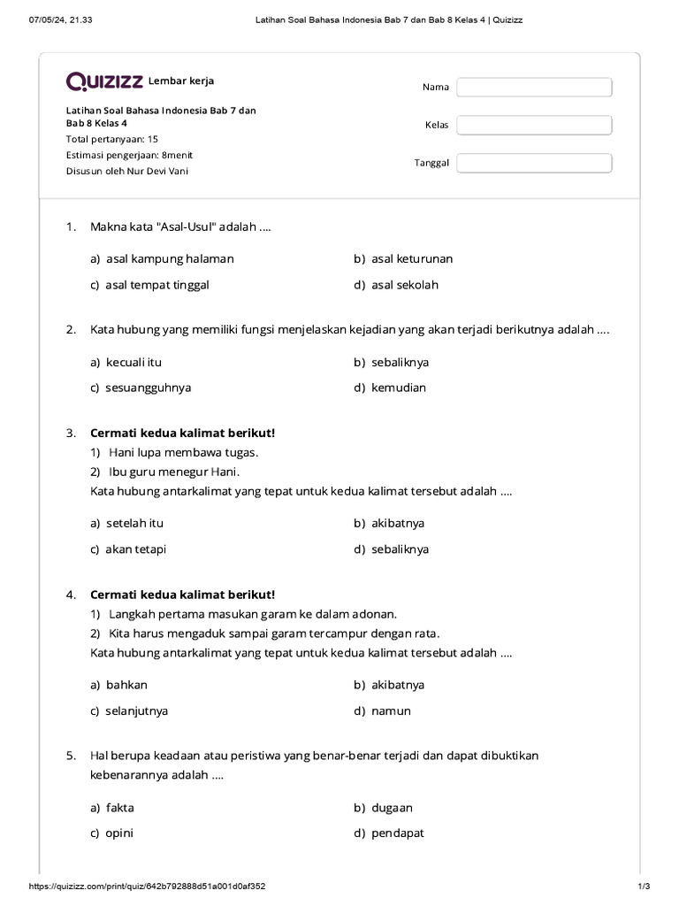 Latihan Soal Bahasa Indonesia Bab 7 Dan Bab 8 Kelas 4 - Quizizz | PDF