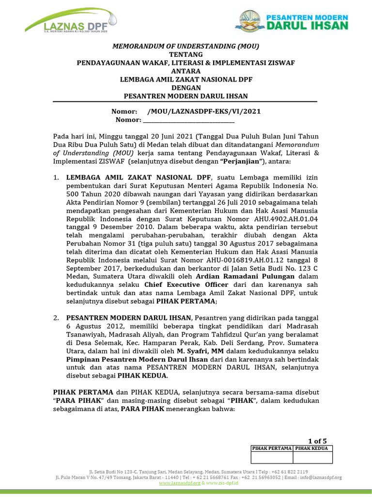 Mou Laznas DPF X Pesantren Modern Darul Ihsan Revisi | PDF ...