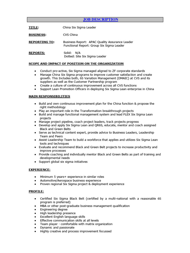 China Six Sigma Leader Job Description | PDF | Six Sigma | Business