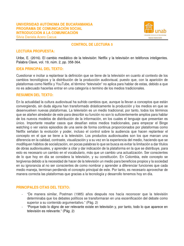 INTRODUCCIÓN A LA COMUNICACIÓN - Silvia Daniela Acero Cacua - Control de Lectura 5 | PDF ...