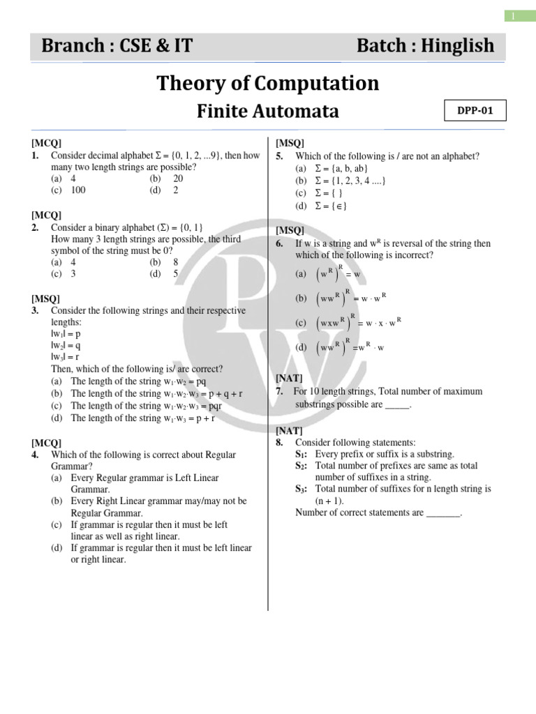 Finite Automata - DPP 01 | Download Free PDF | String (Computer Science) | Theoretical Computer ...