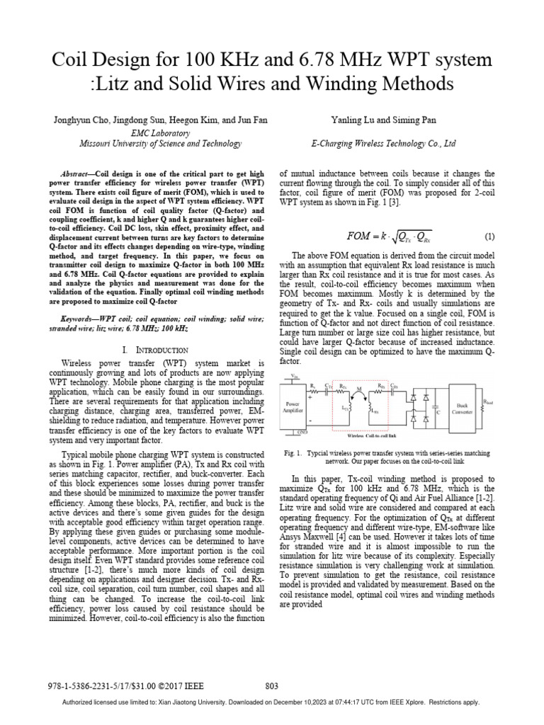 Coil Design For 100 KHZ and 6.78 MHZ WPT System Litz and Solid Wires and Winding Methods | PDF ...