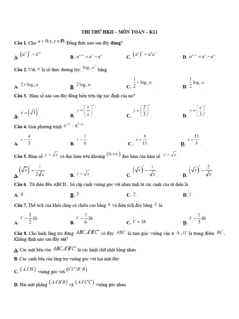 THI THỬ HKII - MÔN TOÁN - KHỐI 11 | PDF