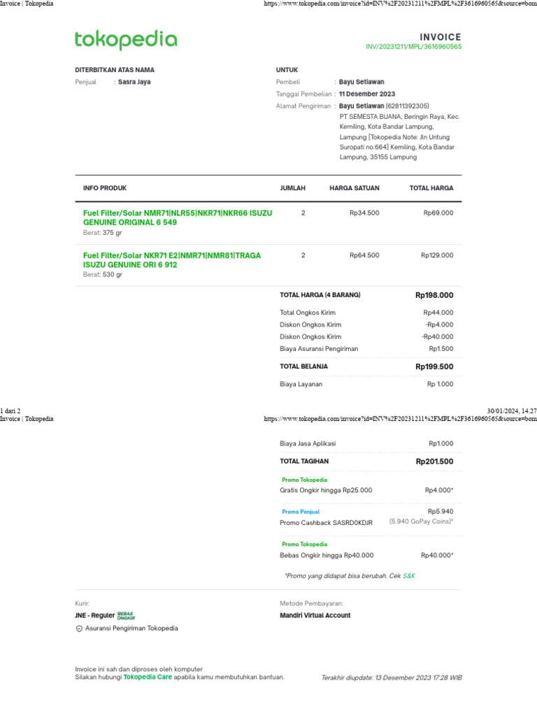 Invoice Tokopedia Filter Solar | PDF
