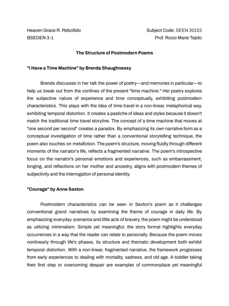 The Structure of Postmodern Poems by Heaven Rebollido | PDF | Poetry ...