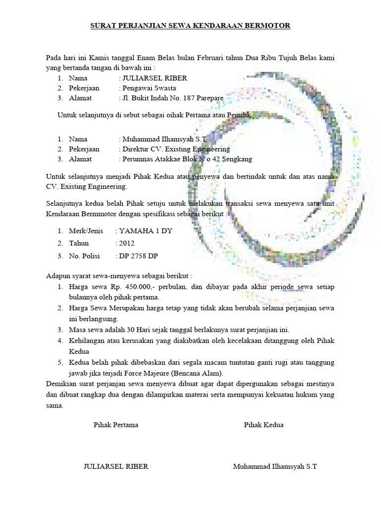 Surat Perjanjian Sewa Kendaraan Bermotor Takim - Arsel | PDF