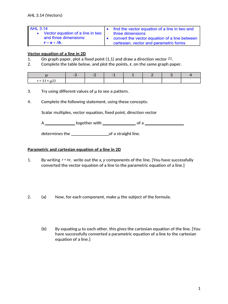AA314 Handout 1 Equation of A Line in 2D3D | PDF | Euclidean Vector ...