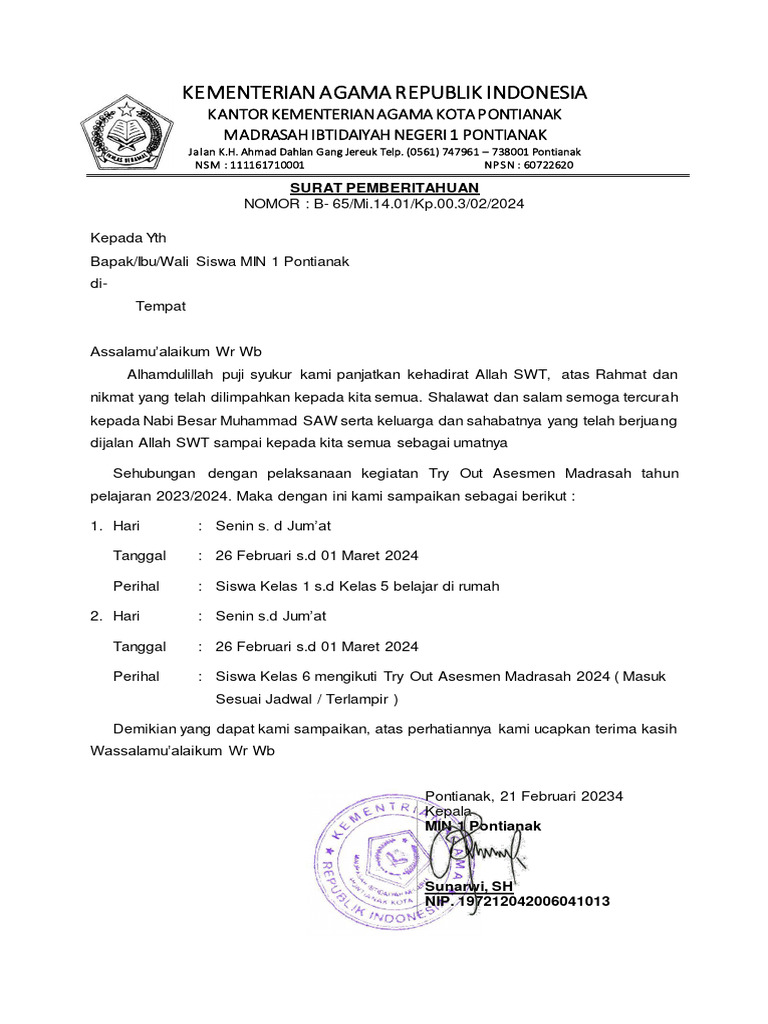 Surat Edaran Tryout 2024 Pdf