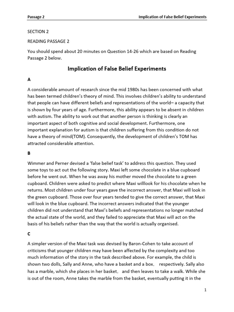 94 Passage 2 - Implication of False Belief Experiments Q14-26 | PDF ...