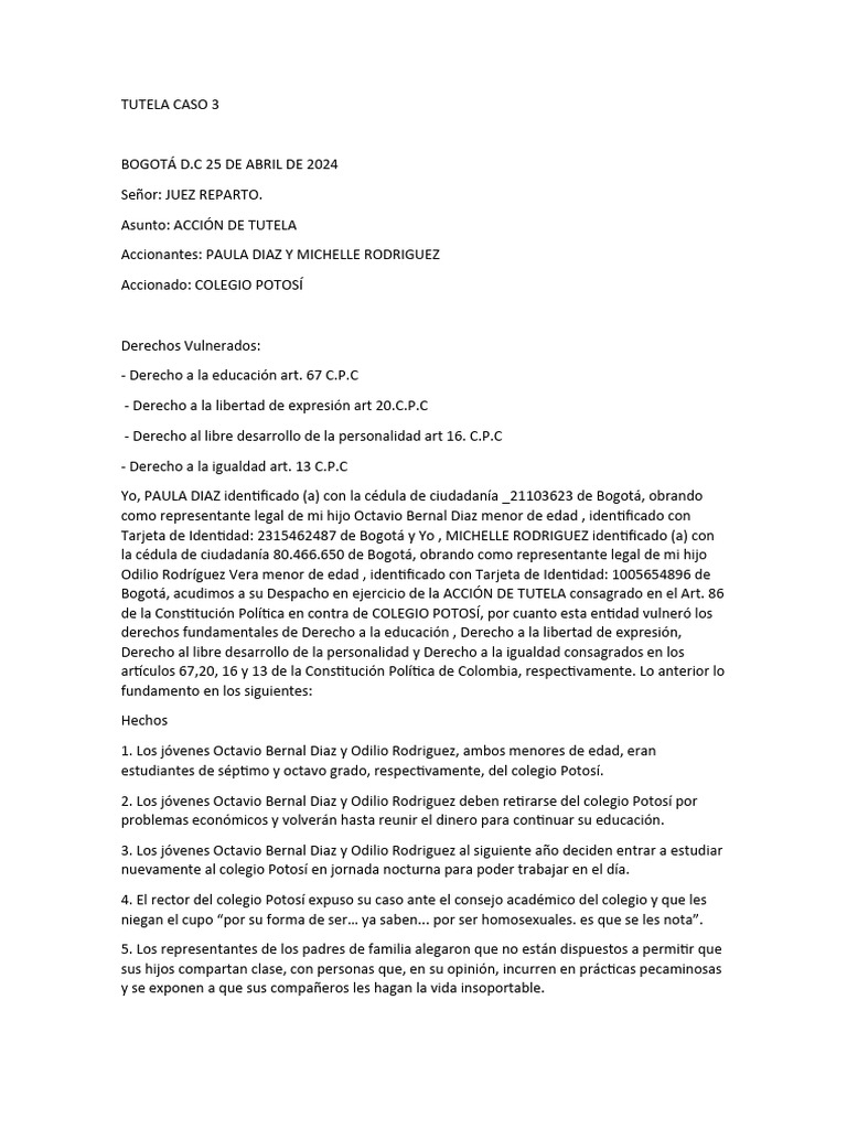 Tutela Caso 3 Consti | PDF | Documento de identidad | Justicia