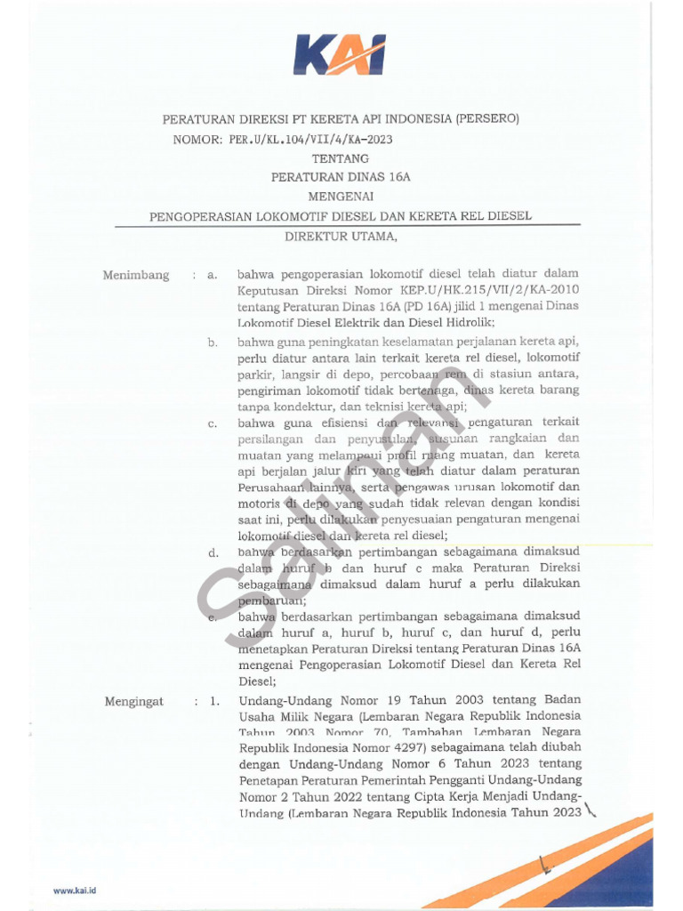 PER.u_kl.104_VII_4_KA-2023 Tentang Peraturan Dinas 16A Mengenai Pengoperasian Lokomotif Diesel ...