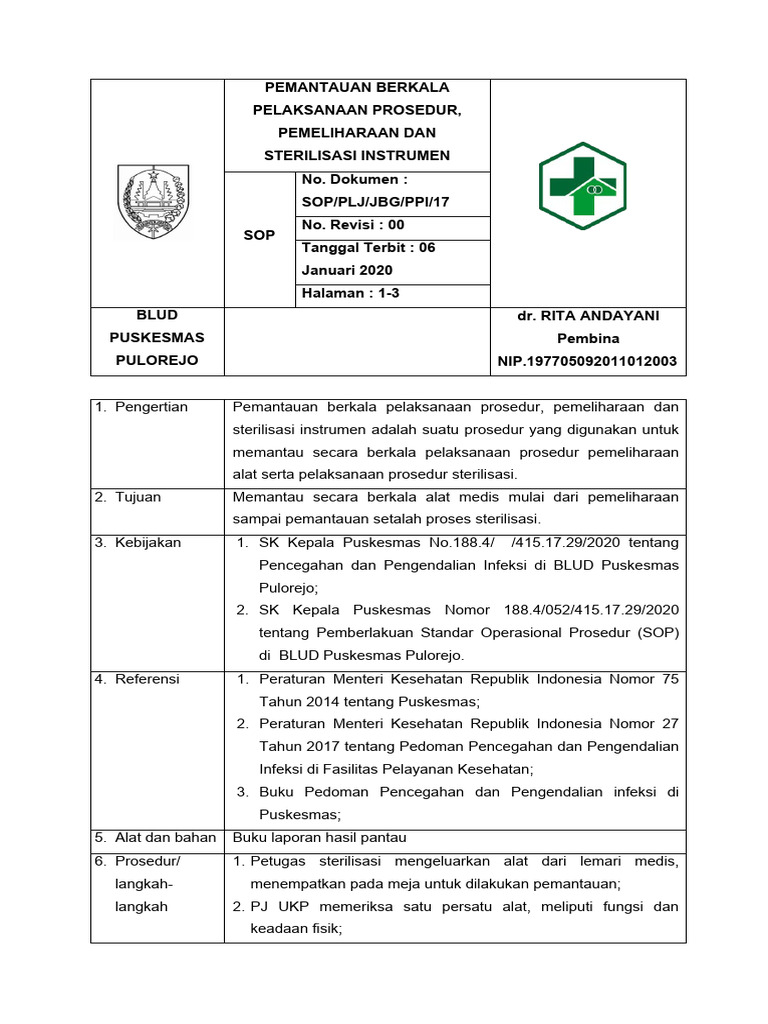 Sop Pemantauan Berkala Pelaksanaan Prosedur, Pemeliharaan Dan ...