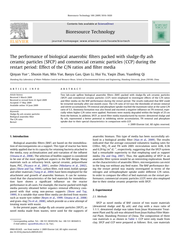 The Performance of Biological Anaerobic Filters Packed With Sludge-Fly ...