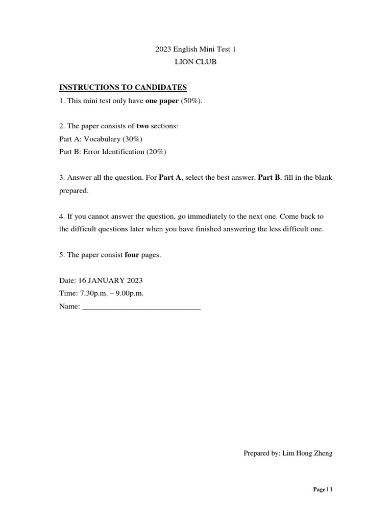 2023 English Mini Test: Vocabulary & Errors | PDF | Language Arts ...
