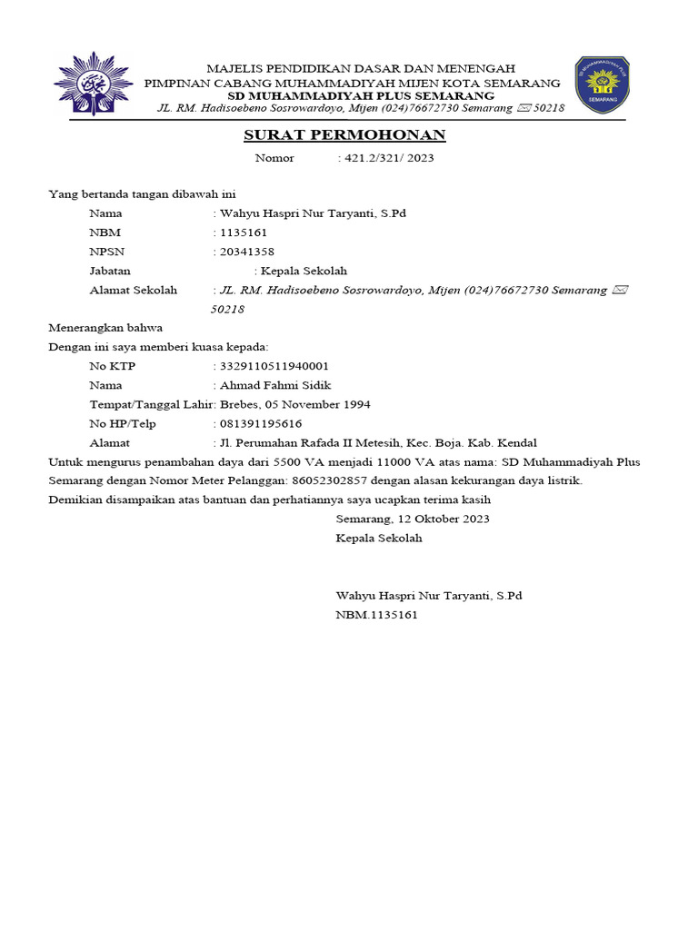 Surat Permohonan Naik Daya Listrik | PDF