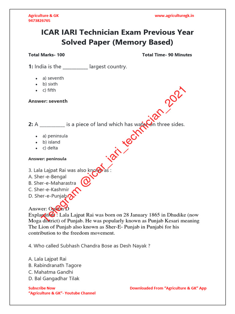 ICAR IARI TECHNICIAN Previous Year Paper | PDF | Taxes