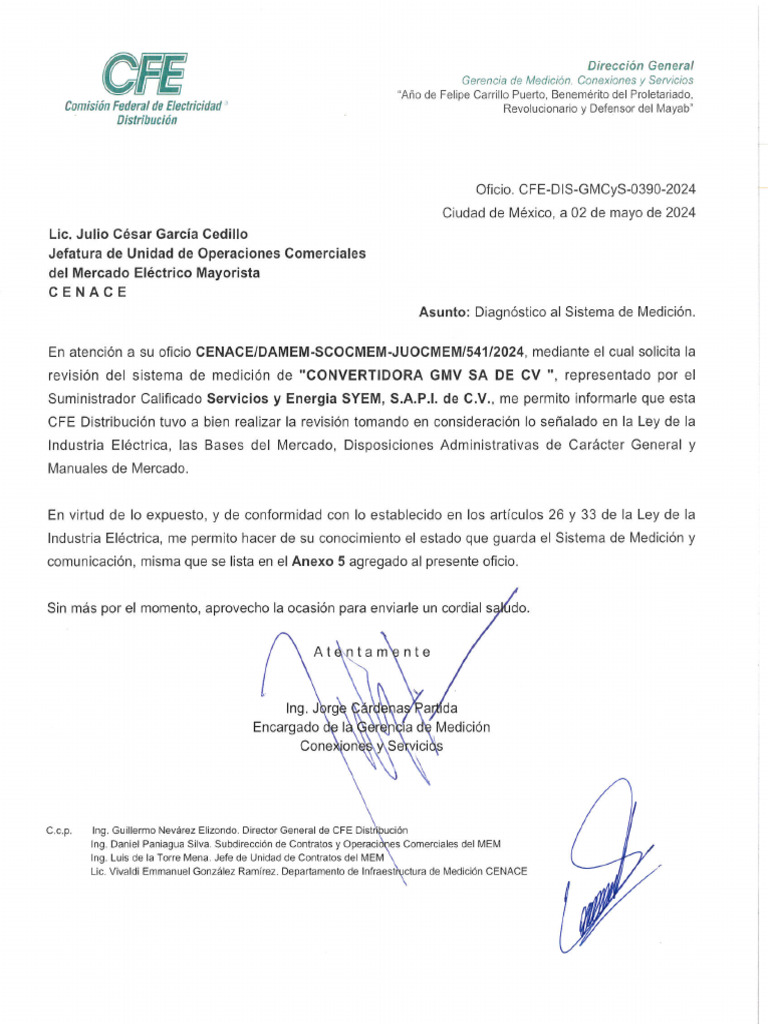 Oficio - CFE DIS GMCyS 0390 2024 | PDF