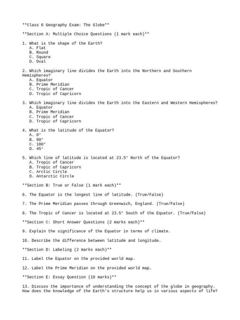 Class 6 Geography Exam The Globe | PDF