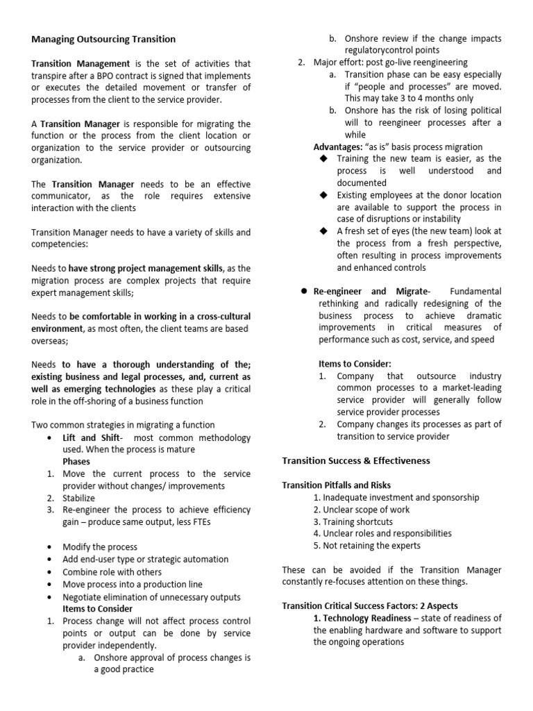 Outsourcing Transition Management Guide | PDF | Outsourcing | Offshoring