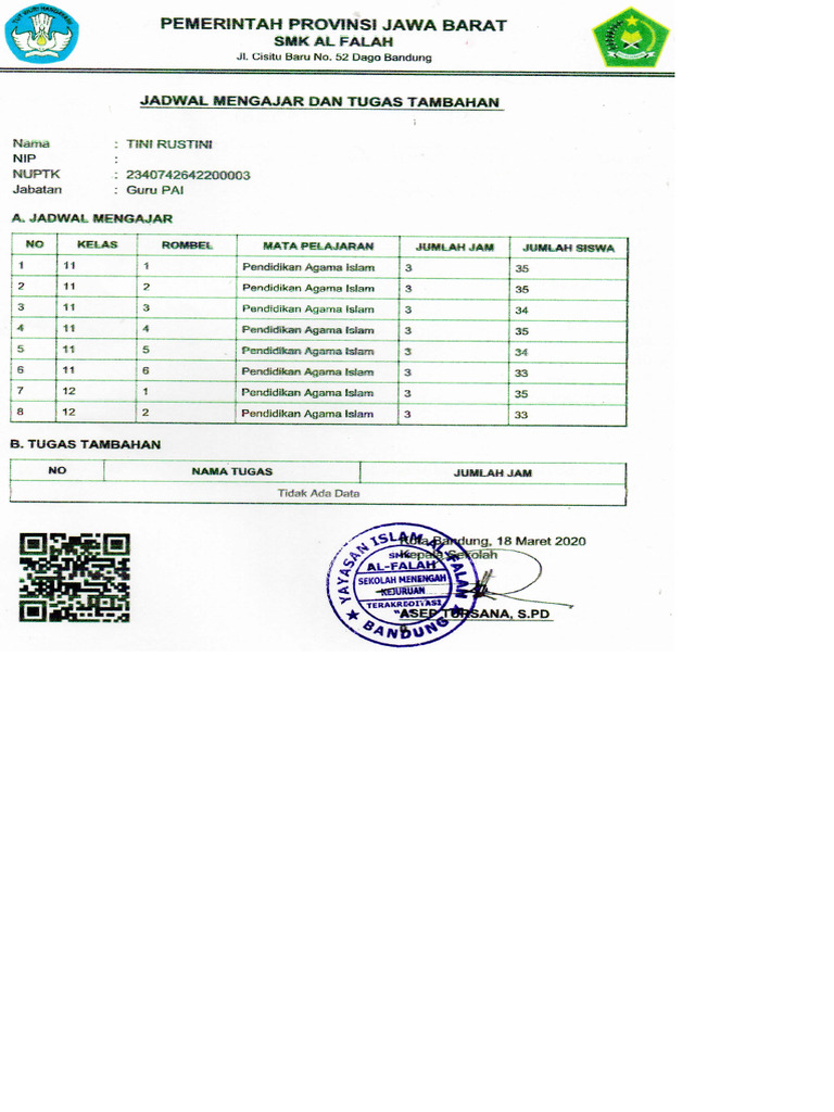 Jadwal Mengajar Ibu Hj. Tini | PDF