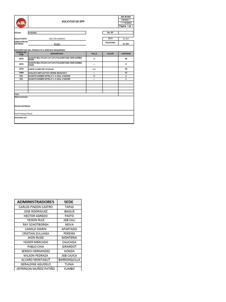 Gcr021.v1 Solicitud de Epp Marzo | PDF