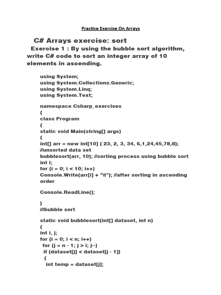 Practice Exercise On Arrays | Download Free PDF | C Sharp (Programming ... Practice Exercise On Arrays | Download Free PDF | C Sharp (Programming ...