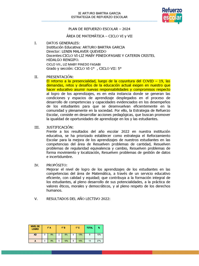 Plan De Refuerzo Escolar O Mejora Matemática Descargar Gratis Pdf