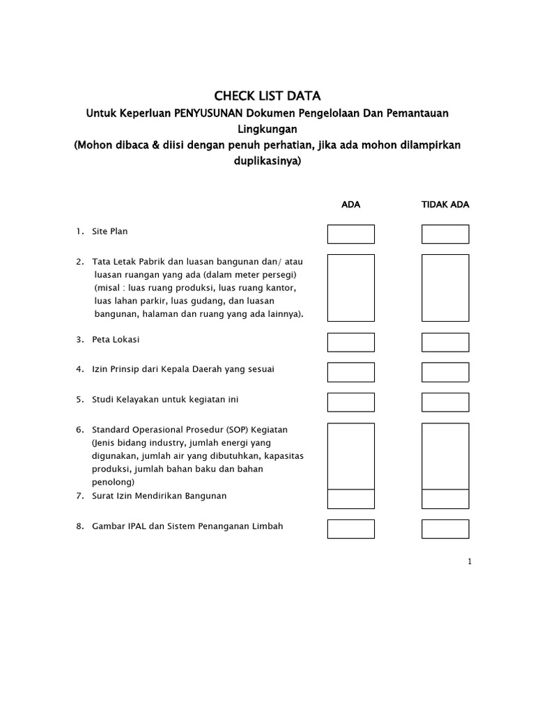 Checklist Data Pengelolaan Lingkungan | PDF