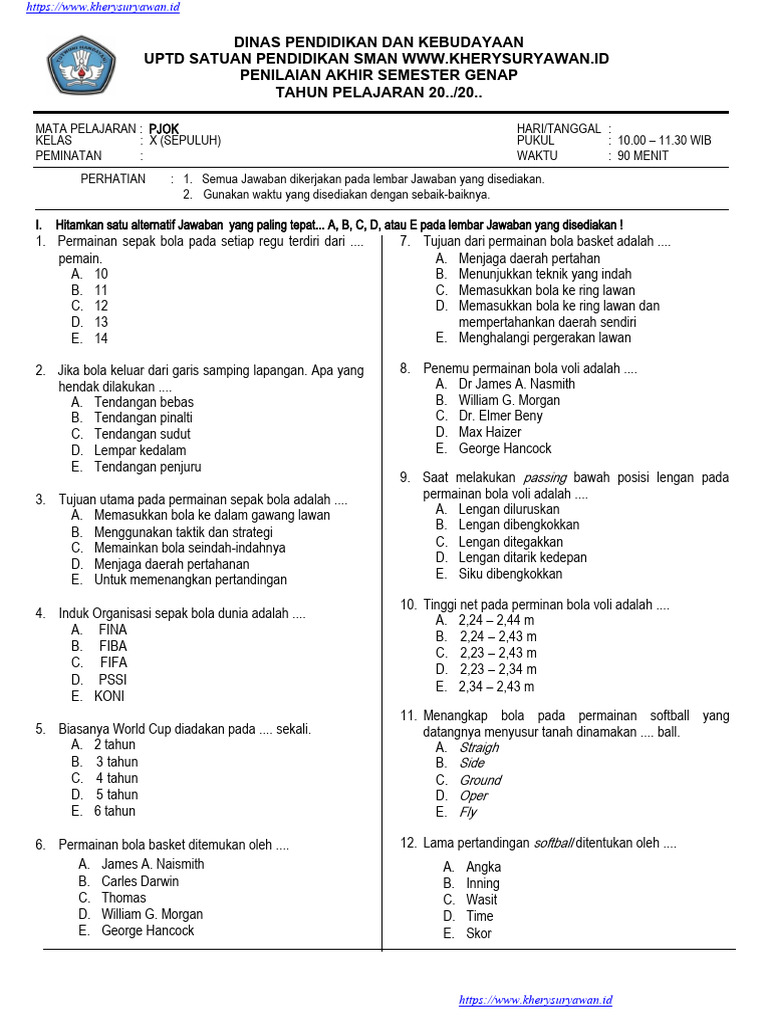 Soal PAT PJOK Kelas X K13 - WWW - Kherysuryawan.id | PDF
