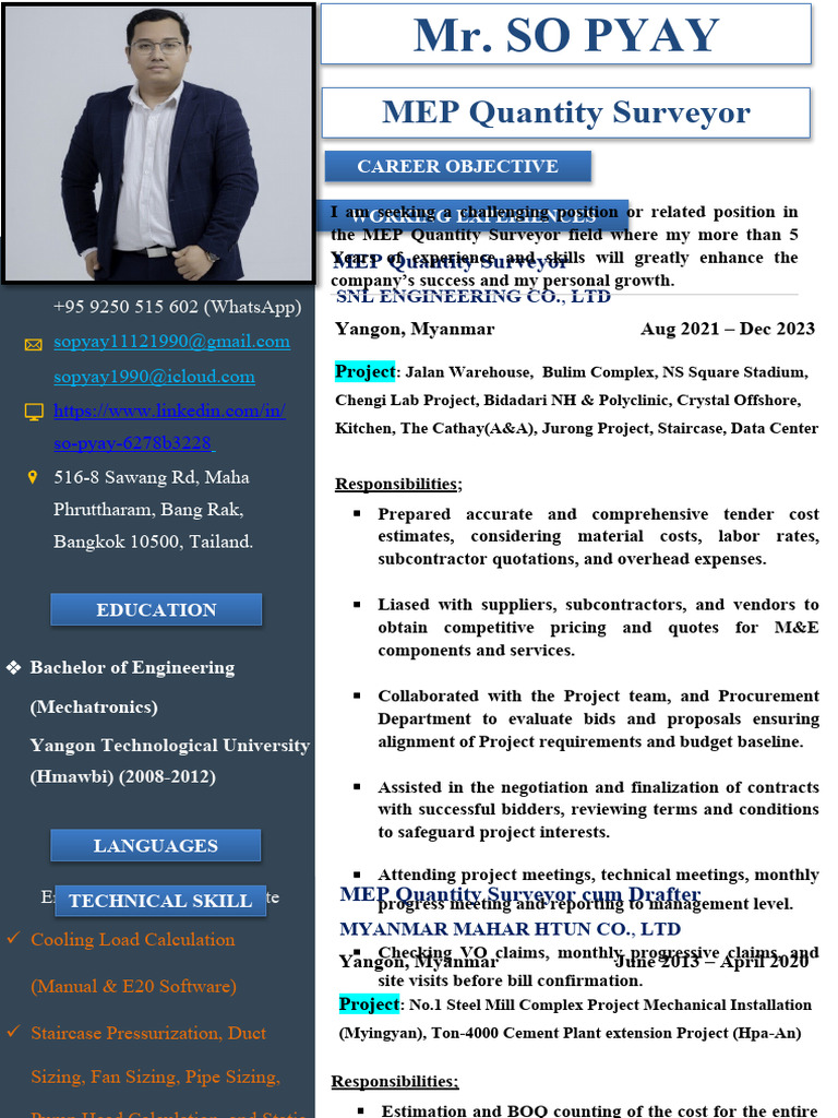 So Pyay Mep QS Resume | Download Free PDF | Engineering
