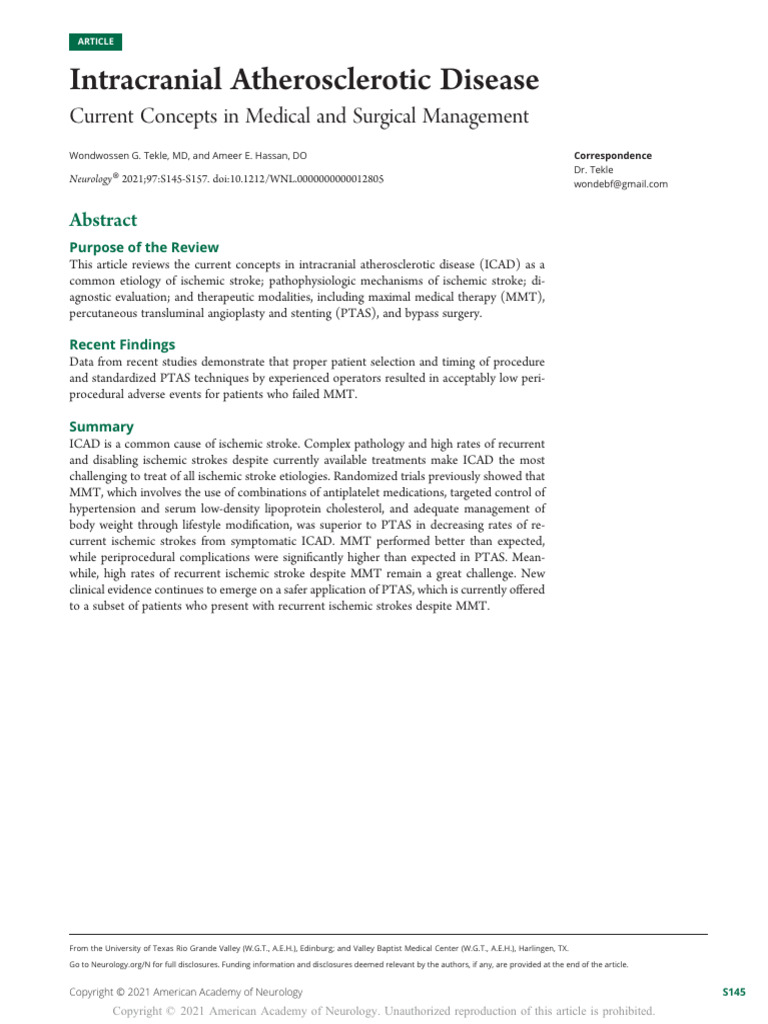 Intracranial Atherosclerotic Disease Current Concepts in Medical and Surgical Management | PDF ...