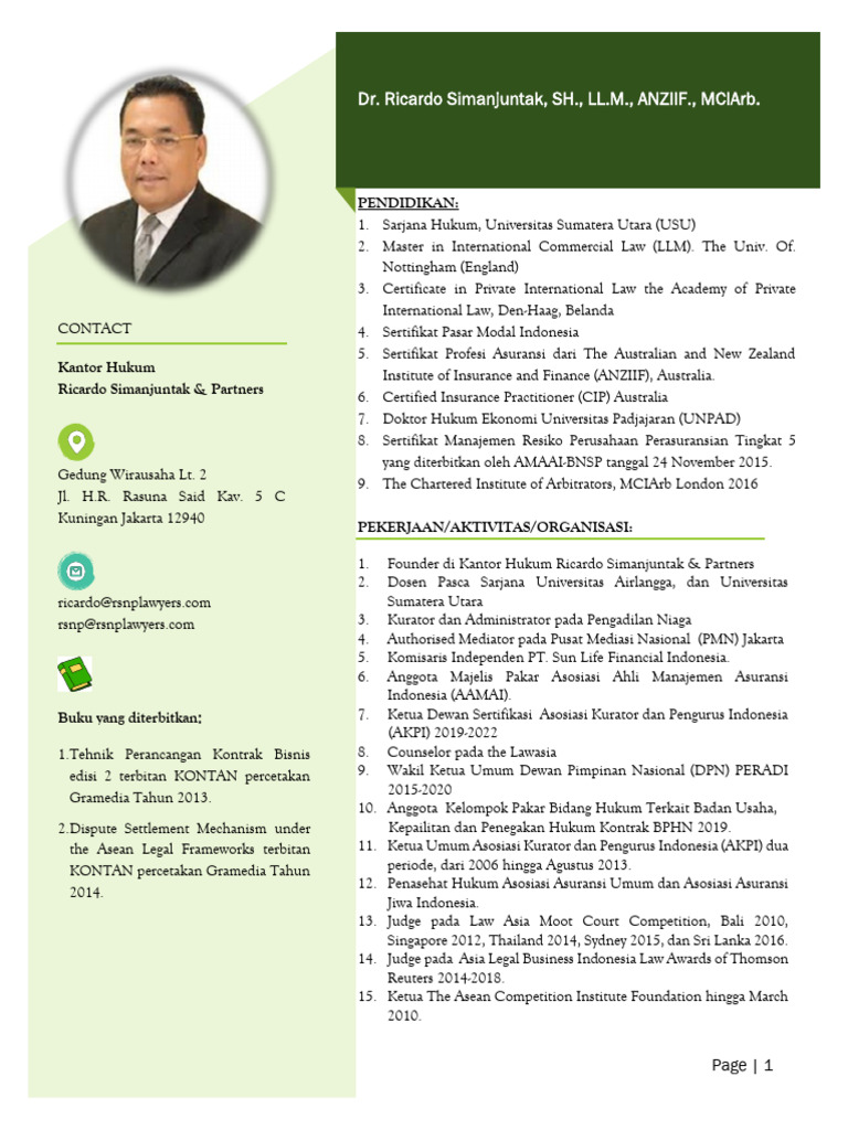 3.1 CV Dr. Ricardo Simanjuntak, Sh.,Ll.m.,Anziif., Mciarb | PDF