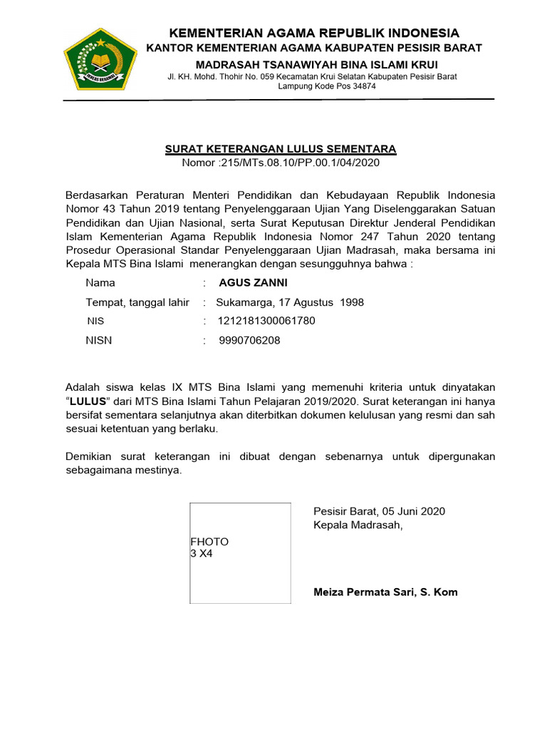 Contoh SKL Sementara BINA ISLAMI, BELUM FIX | PDF