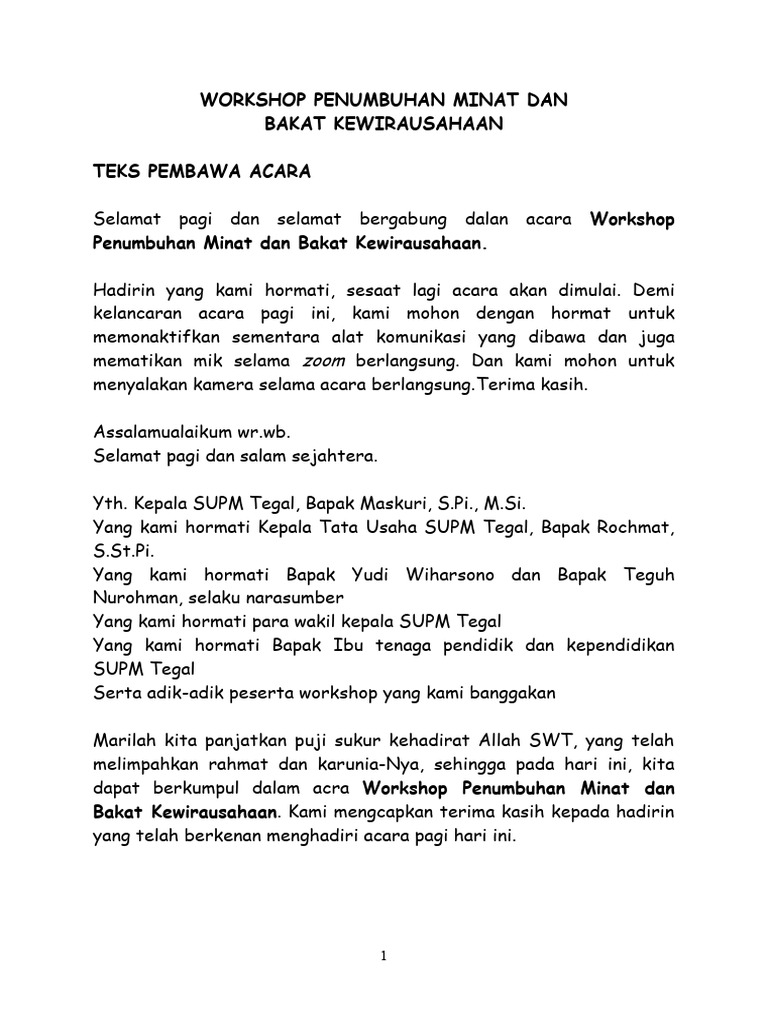 Teks Pembawa Acara Sekaligus Moderator Workshop | PDF