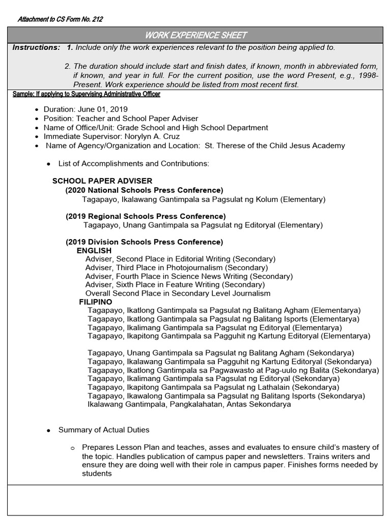 CS Form No. 212 Attachment - Work Experience Sheet | PDF | Primary ...