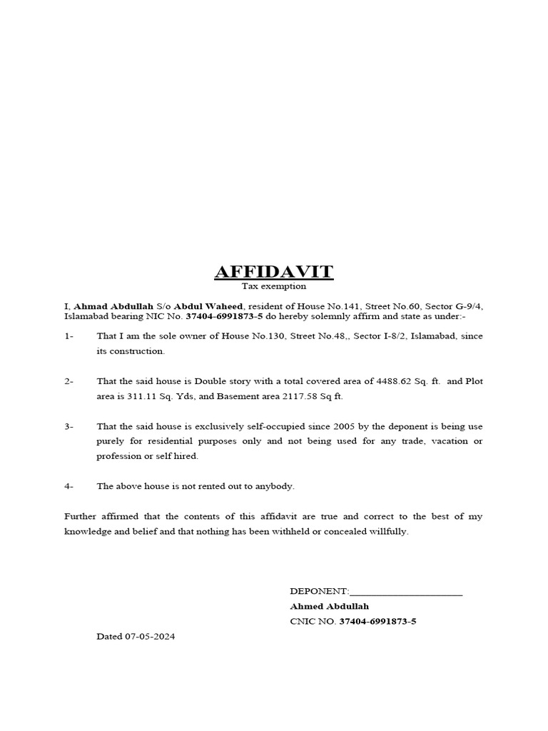 AFFIDAVIT Tax Exemption Amad Abdullah | PDF