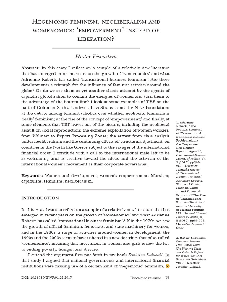 Eisenstein - Hester Hegemonic Feminism - Neoliberalism and Womenconomics. Empowernt Instead of ...