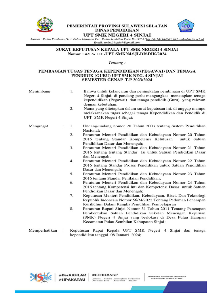 SK Pembagiab Tugas Semester Genap 2023-2024 | PDF