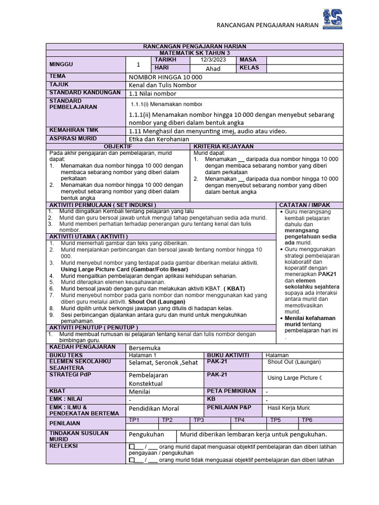 RPH Minggu 1 Matematik THN 3 2023 by Cikgu Gorgeous | PDF