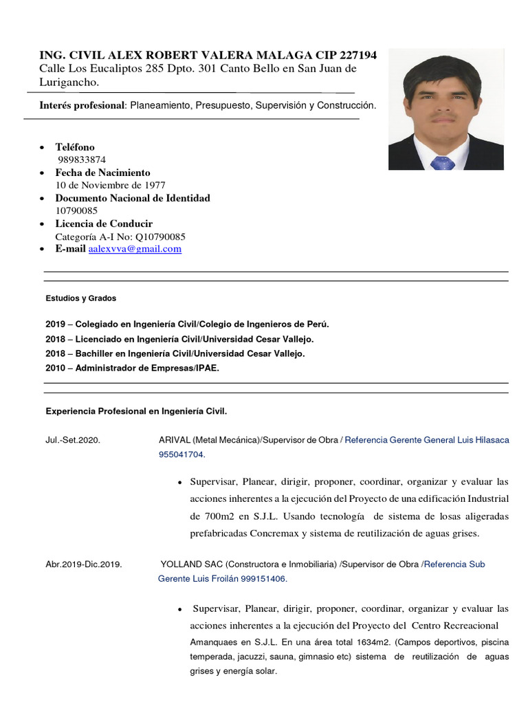 Supervisor - CV - Alex Robert Valera Malaga | PDF | Ingeniero civil ...