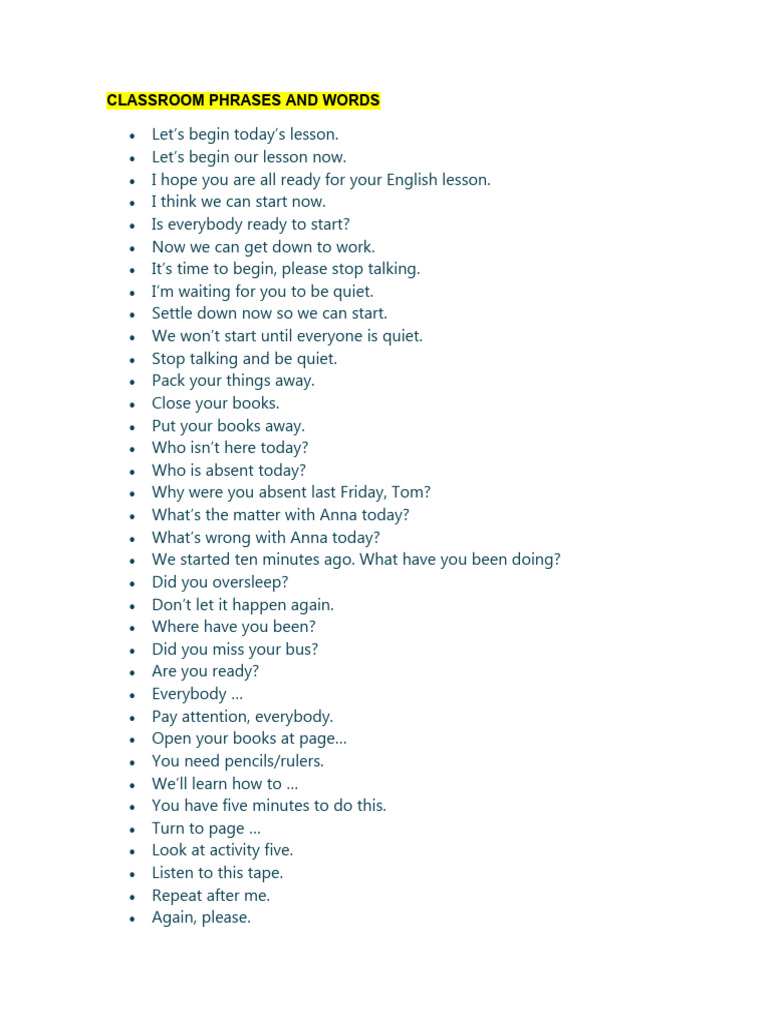 Essential Classroom Phrases Guide | PDF