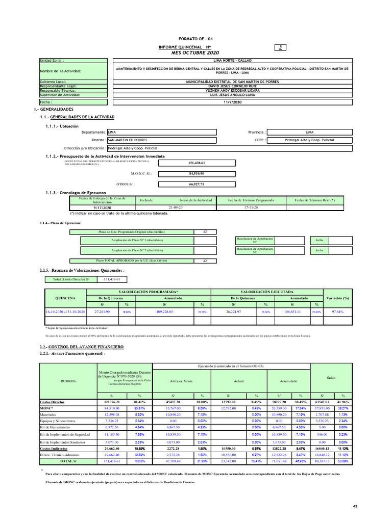 INFORME QUINCENAL Nro 3 - AII - PEDREGAL 16-10-2020 Al 31-10-2020 | PDF