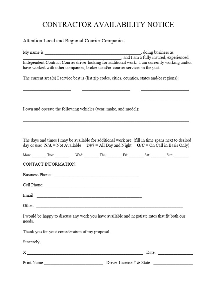 Contractor Availability Notice | PDF | Notary Public | Employment