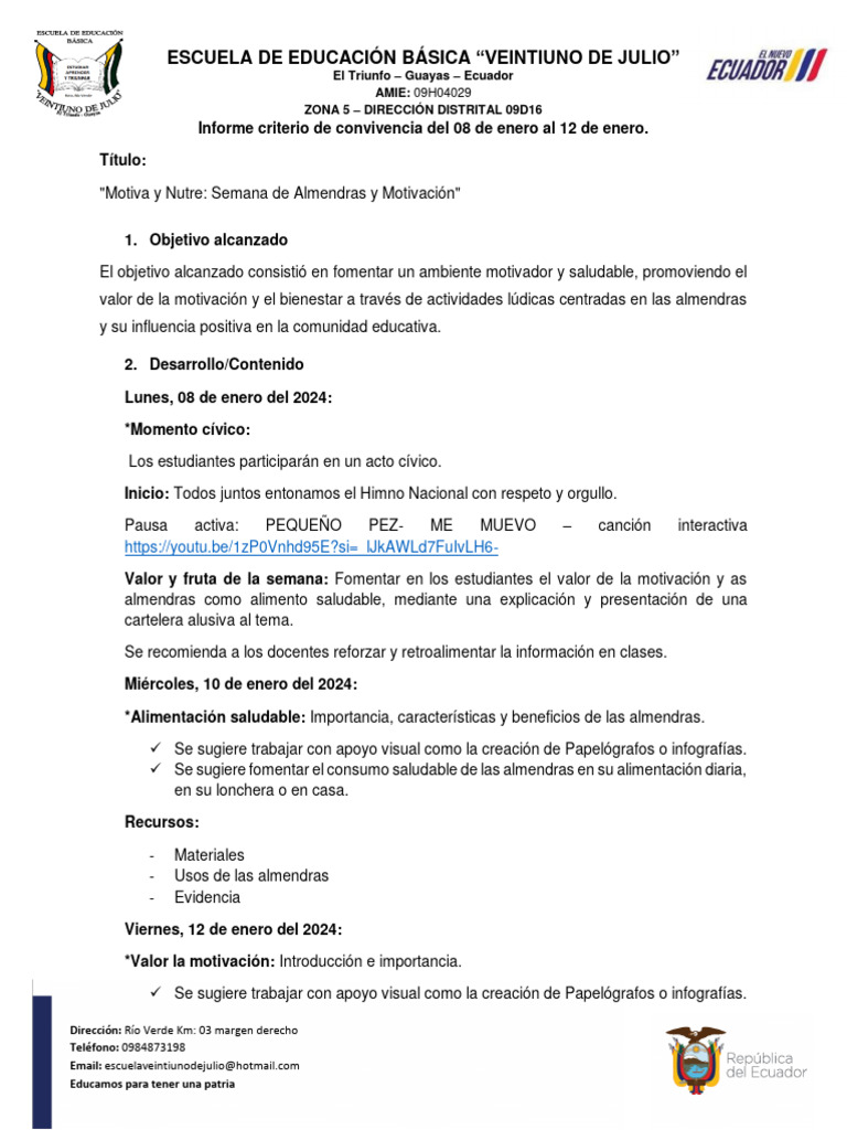 Informe Criterio de Convivencia 08 Ene - 12 Ene | PDF | Nutrición | Dieta y nutrición