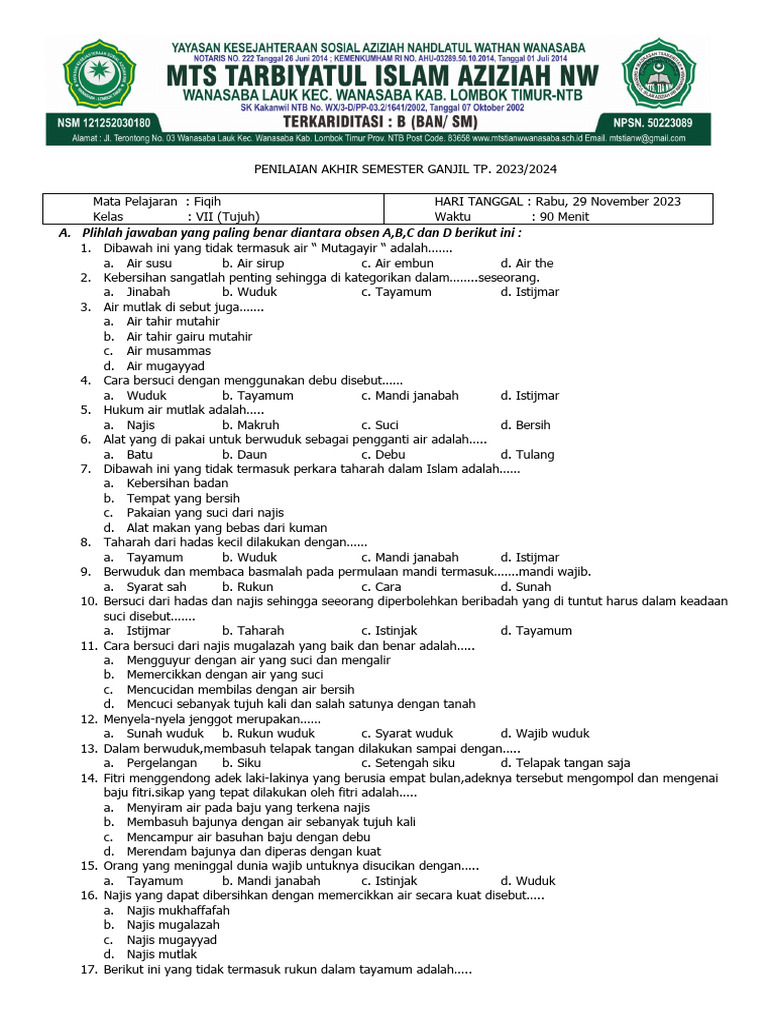 Soal Fiqih Kls 7 Semester Ganjil | PDF