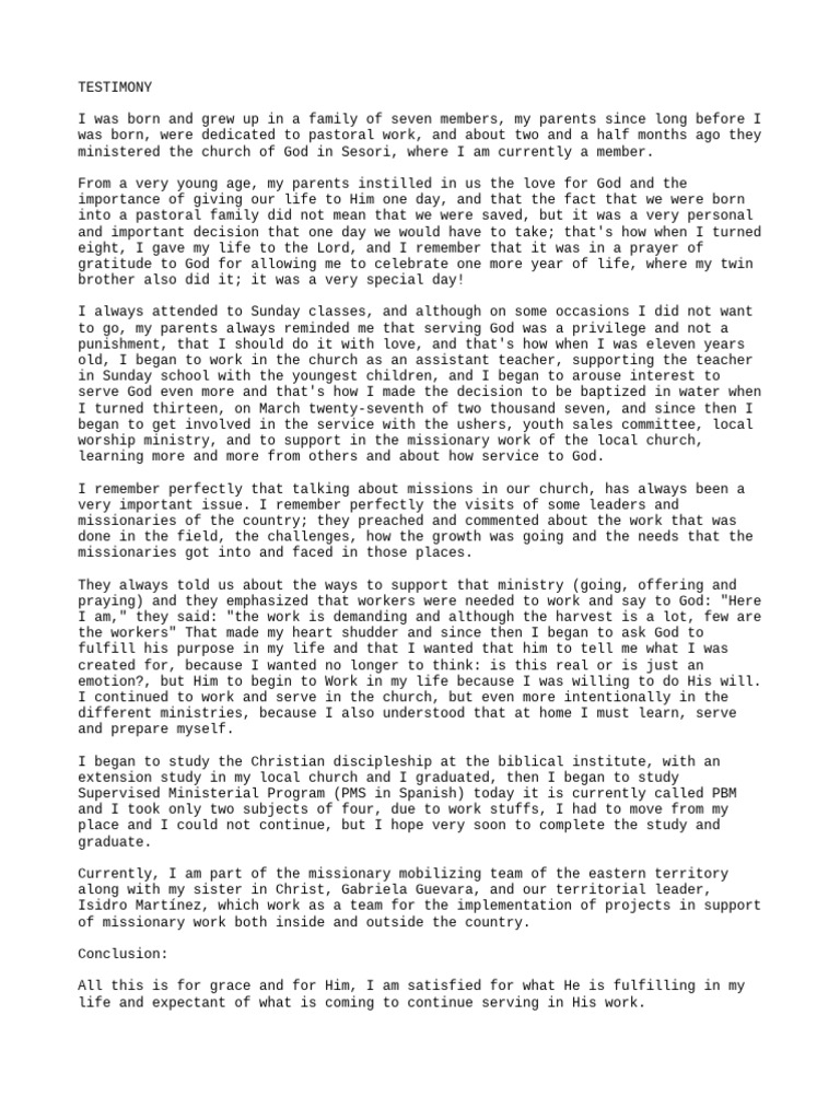TESTIMONY | PDF | Christian Mission | Protestant Denominational Families