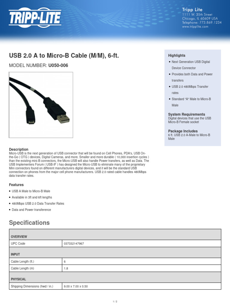 USB 2.0 A To Micro-B Cable (M/M), 6-ft.: Specifications | PDF | Usb ...