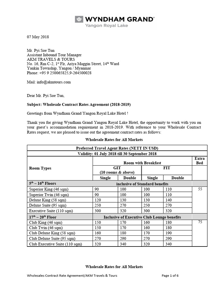 ST TH: Wholesales Contract Rate Agreement/AKM Travels & Tours Page 1 of 6 | PDF | Credit ...