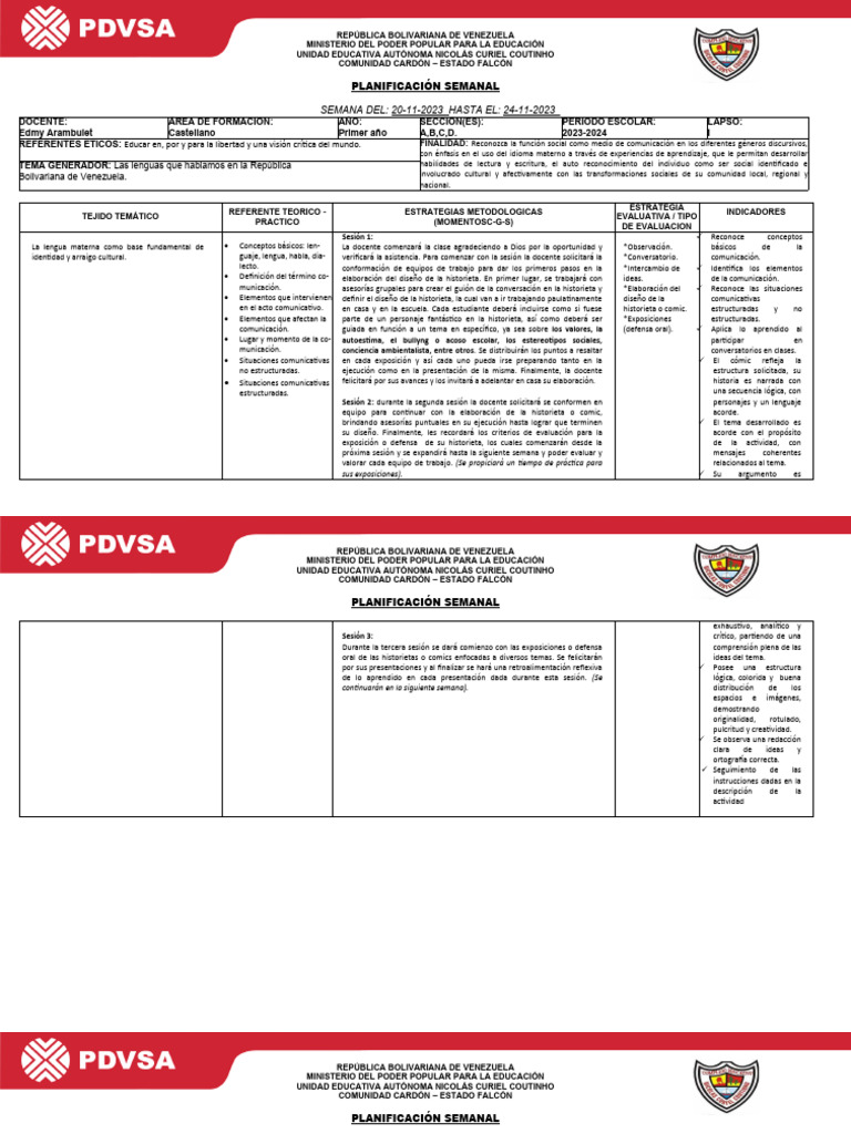 Planificación Prof. Edmy Arambulet Del 20-11 Al 24-11-23 | PDF ...